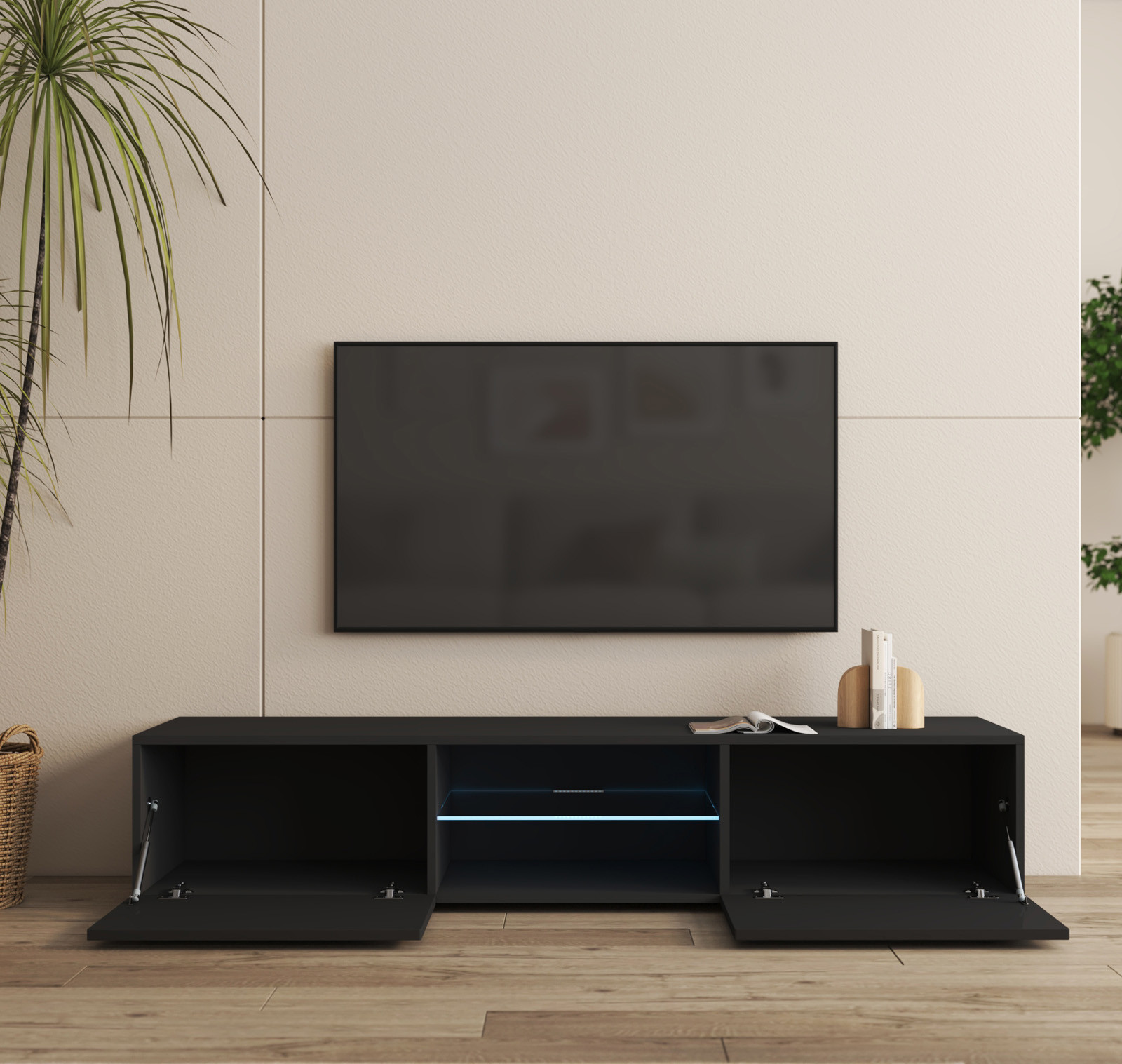Mueble TV Negro 160 cm con patas 2 cm Tibi